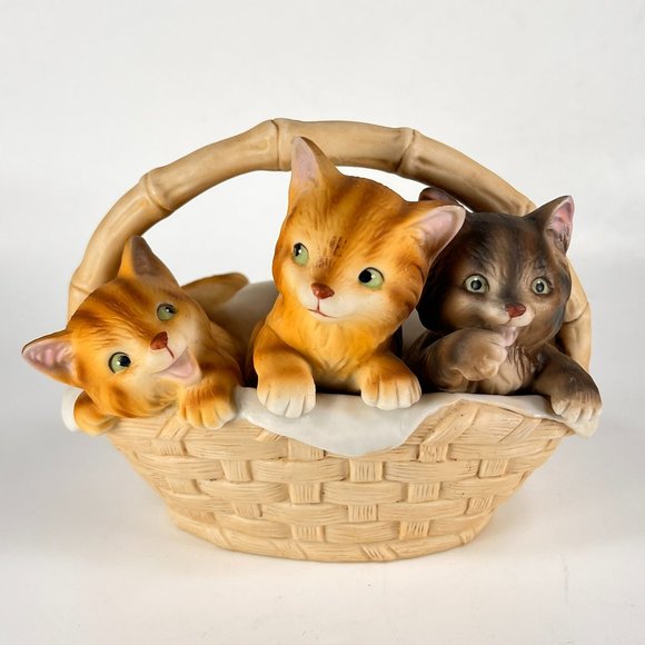 Enesco | Art | Vtg Cats Kittens Figurine In Basket Ceramic Collectible ...